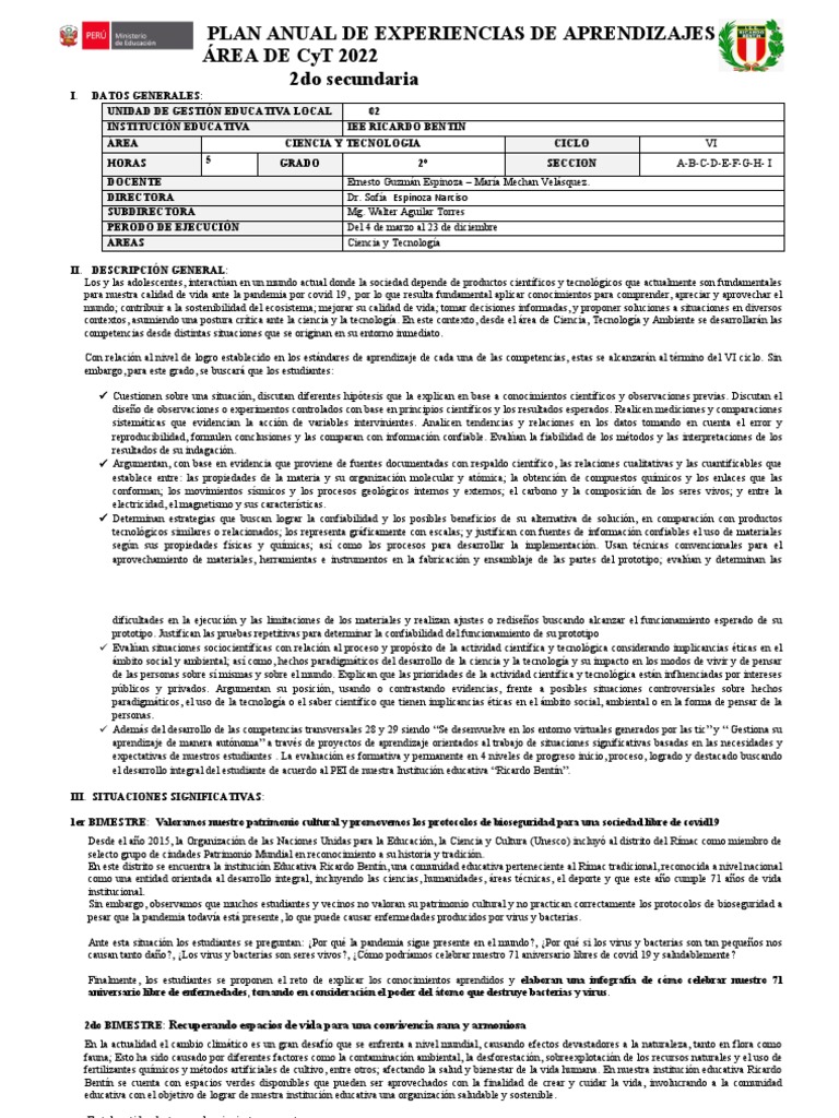 Plan Anual De Experiencias De Aprendizajes Cyt 2do 2022 Pdf 6368