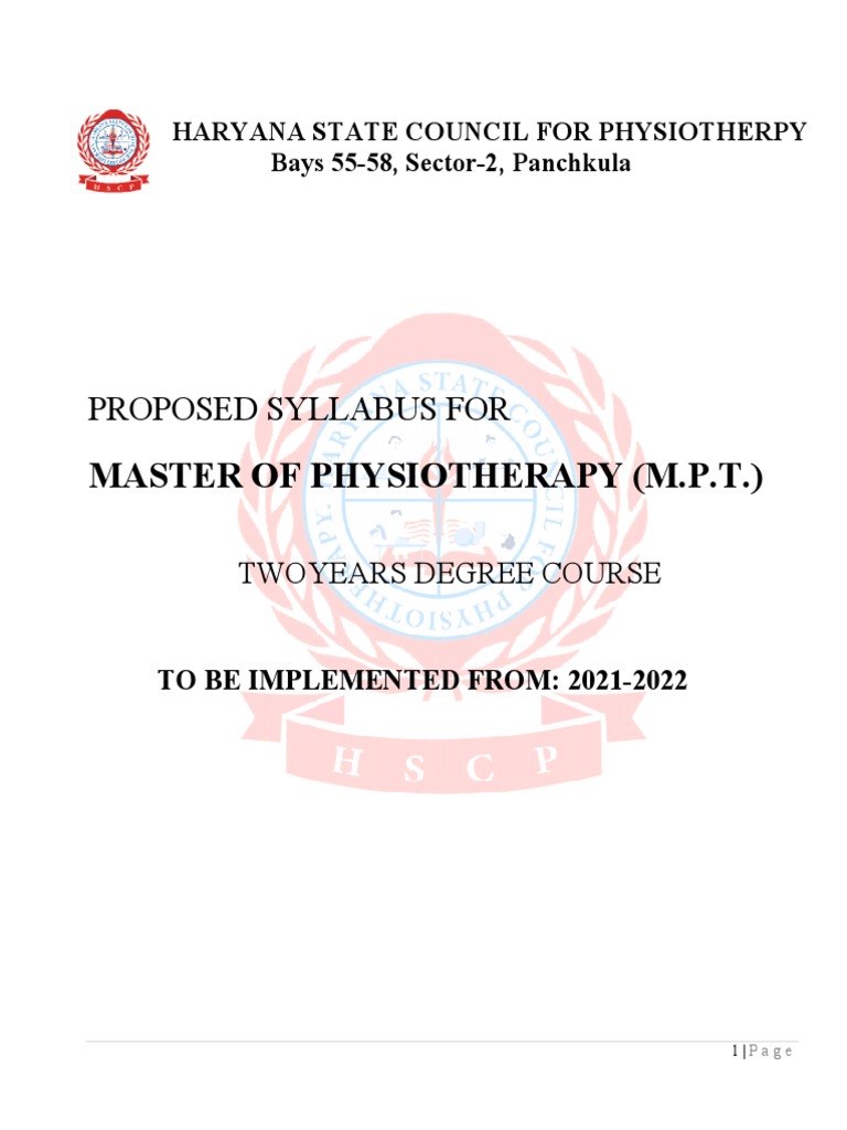 Proposed Syllabus for Master of Physiotherapy (M.P.T.) Two-Year Degree Course to be Implemented ...
