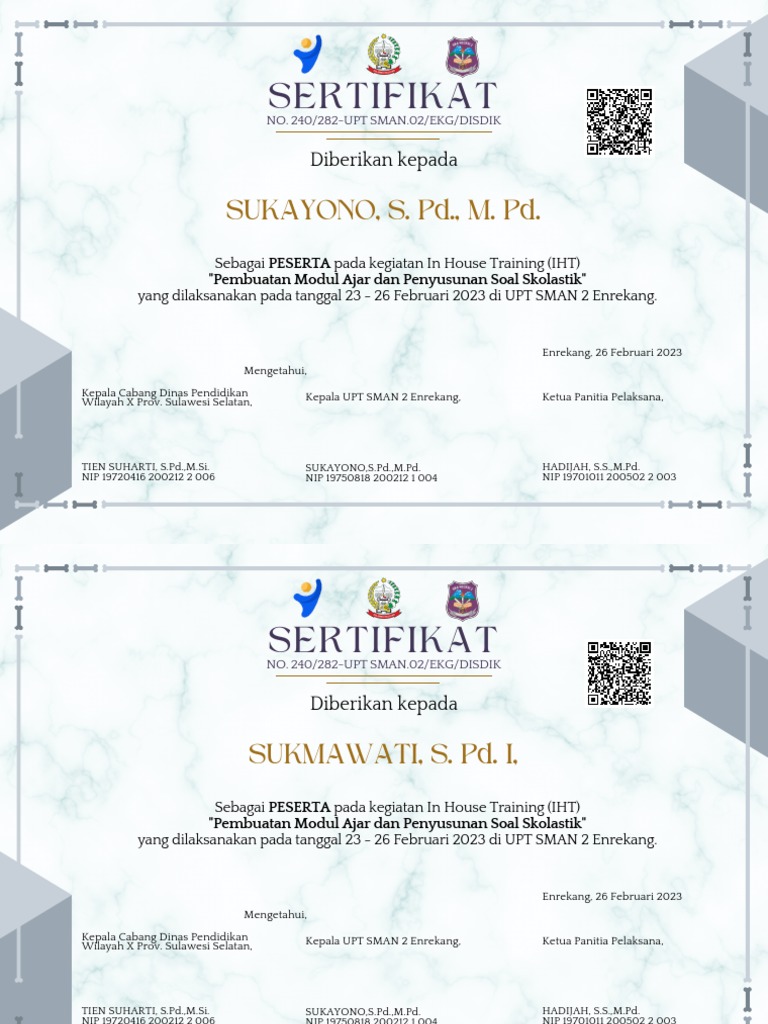 Sertifikat IHT Modul Ajar Enrekang | PDF