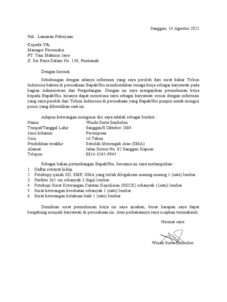 Surat Lamaran Dan CV - Winda | PDF