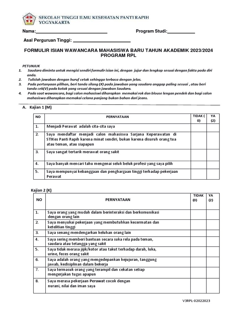 Form Wawancara - Untuk Calon Mahasiswa Program RPL-6 PDF | PDF