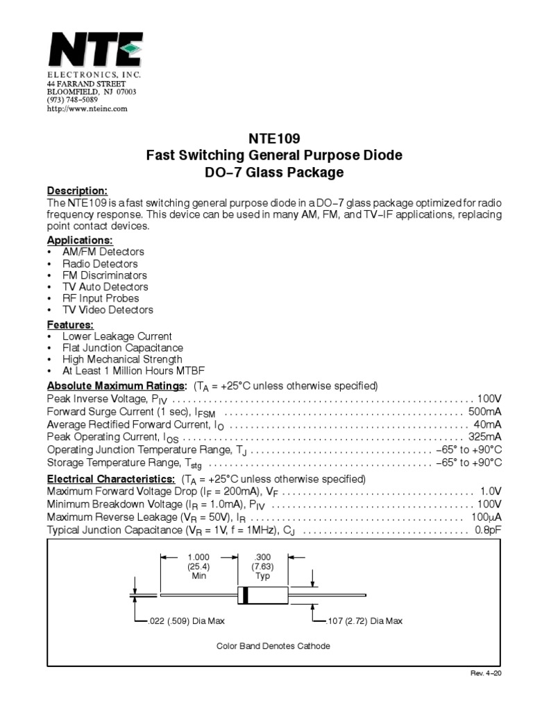 NTE109 Fast Switching Diode Overview | PDF | Detector (Radio) | Diode