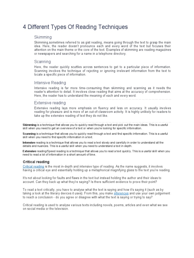 4 Different Types of Reading Techniques | PDF | Speed Reading ...