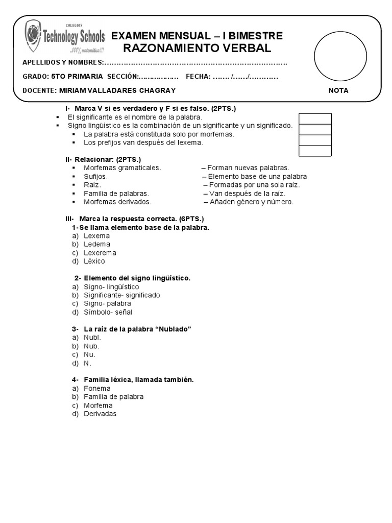 Examen Mensual 5 Razonamiento Verbal | PDF | Palabra | Lingüística
