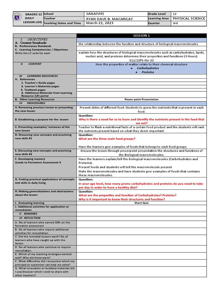 Biological Macromolecules Pdf Learning Teachers