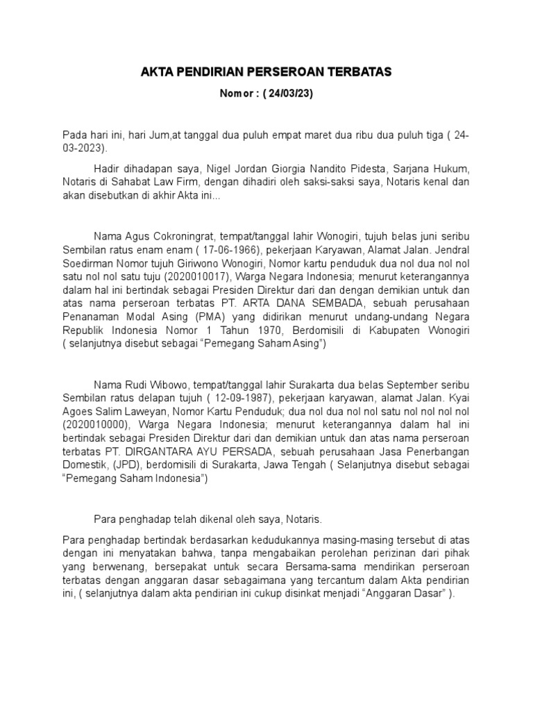 AKTA PENDIRIAN PERSEROAN TERBATAS | PDF