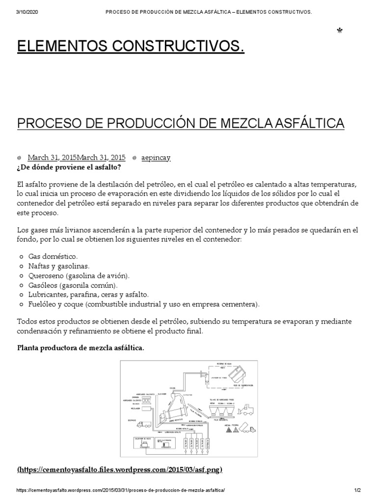 Proceso de Producción de Mezcla Asfáltica - Elementos Constructivos | PDF | Queroseno | Petróleo
