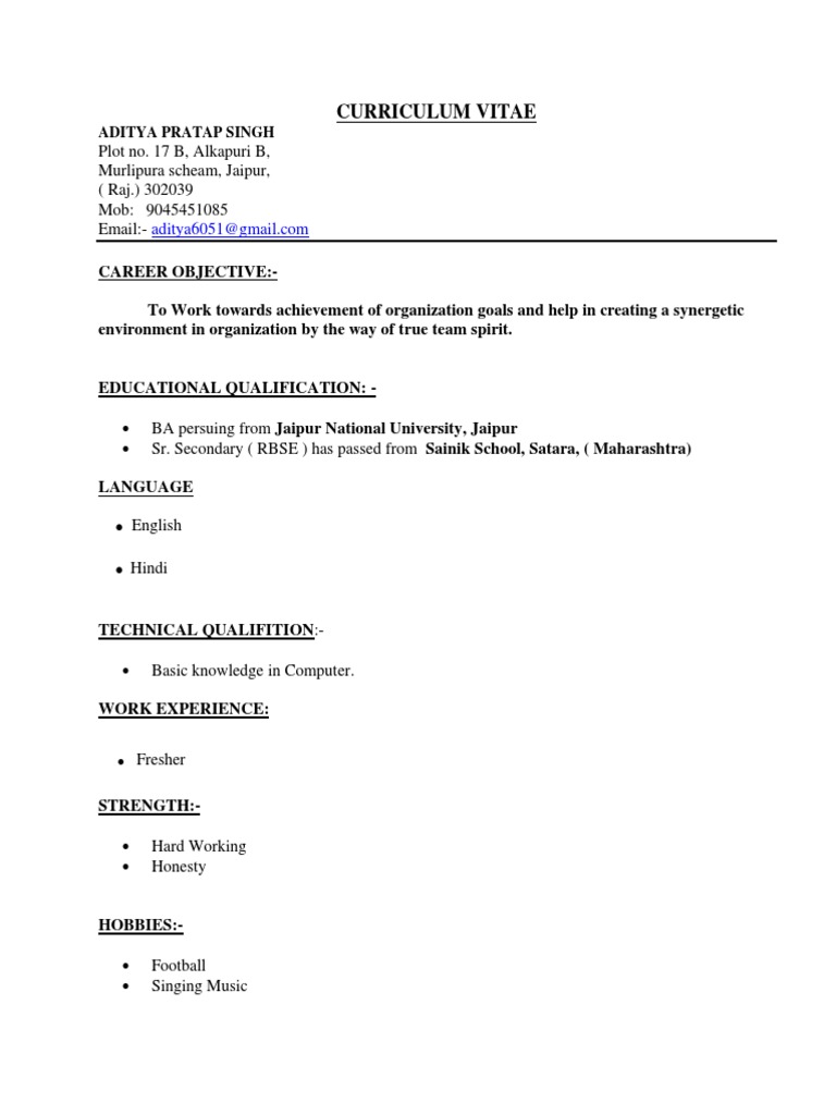 Aditya Pratap Singh's Curriculum Vitae Highlighting His Educational Qualifications, Work ...