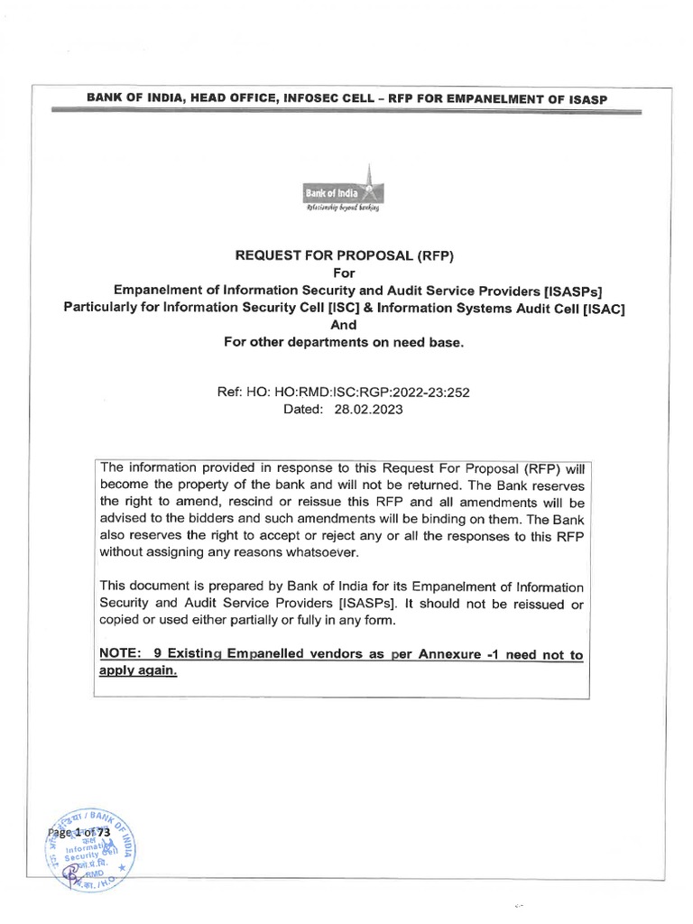 Bank of India, Head Office, Infosec Cell - RFP For Empanelment of Isasp | PDF | Request For ...