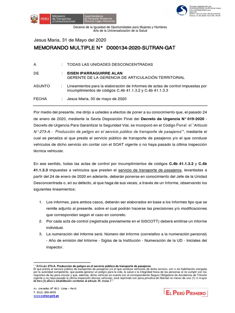 Memorando Multiple 000134-2020-Gat | PDF