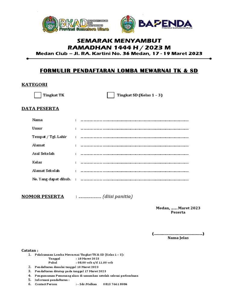 Formulir Lomba Mewarnai TK Dan SD PDF | PDF