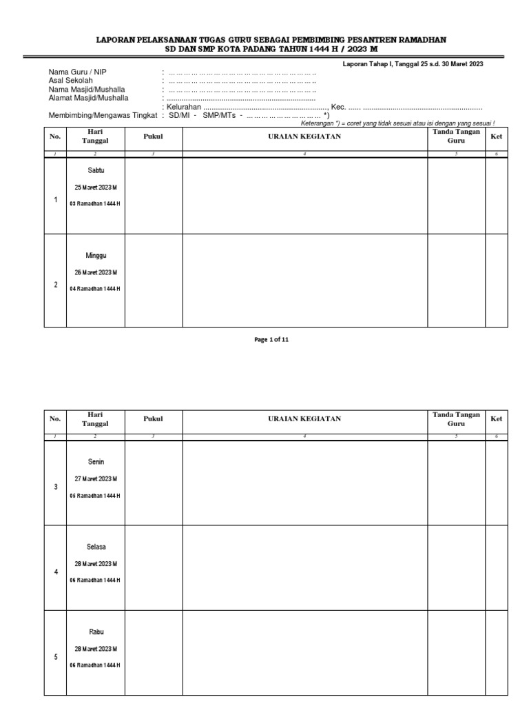 LAPORAN GURU SD SMP PEMBIMBING PESANTREN RAMADHAN 2023 Okey | PDF