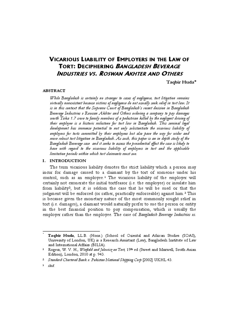 Vicarious - Liability - Case Bangladesh | PDF | Lawsuit | Tort