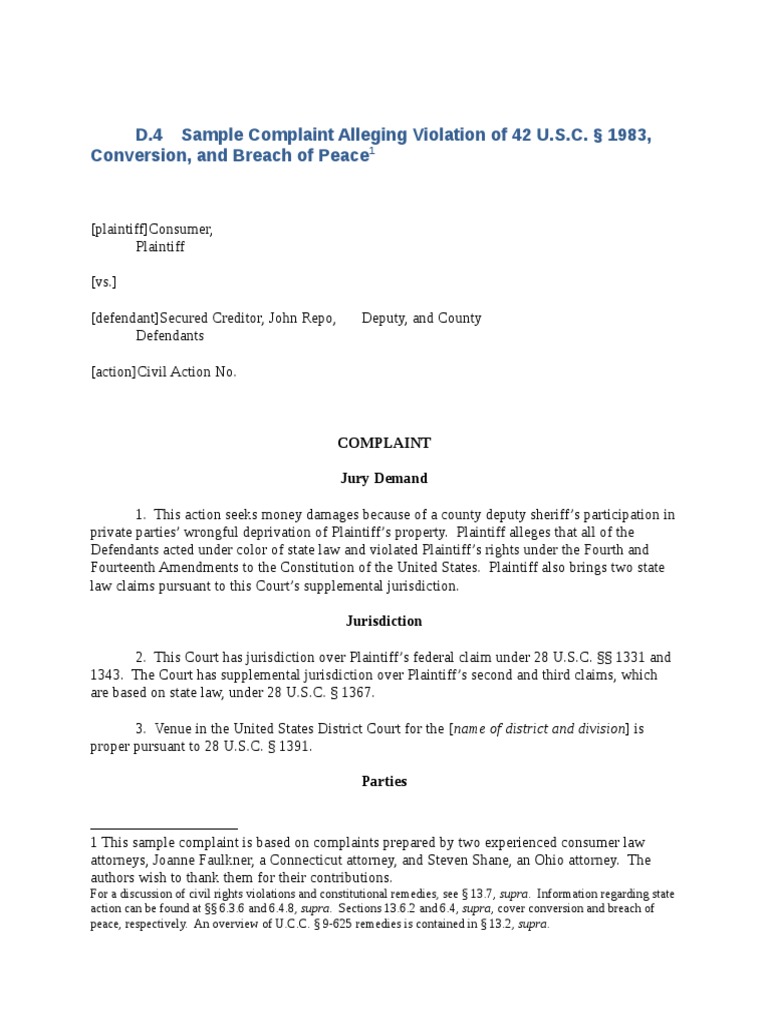 Sample Section 1983 Complaint | PDF | Repossession | Damages