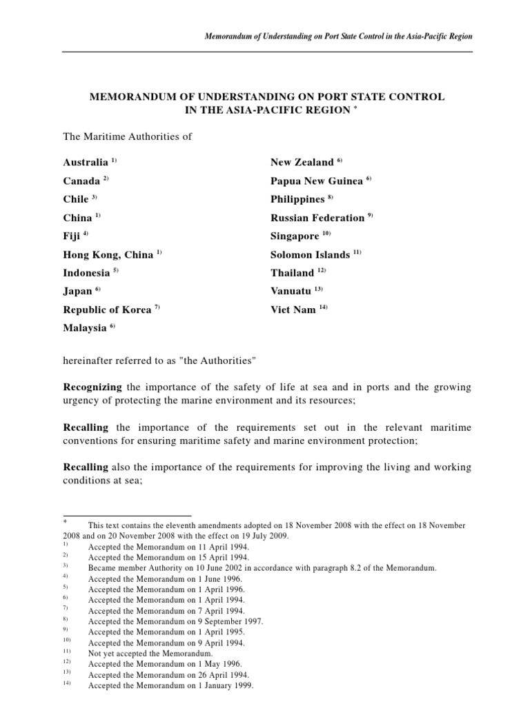 The Maritime Authorities Of: Memorandum of Understanding On Port State ...