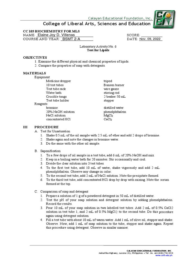 Lipid Unsaturation and Saponification Test | PDF | Soap | Sodium Hydroxide
