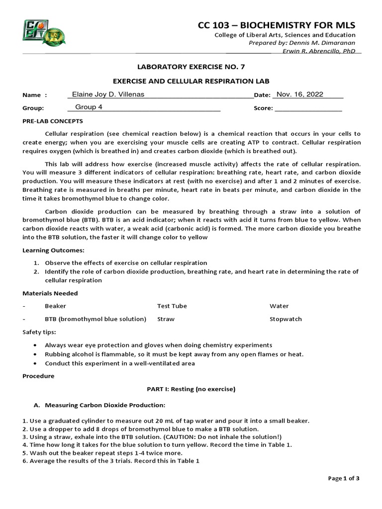 CC 103 Laboratory-Exercise-No.-7-Exercise-and-Cellular-Respiration-Lab PDF | PDF | Breathing ...