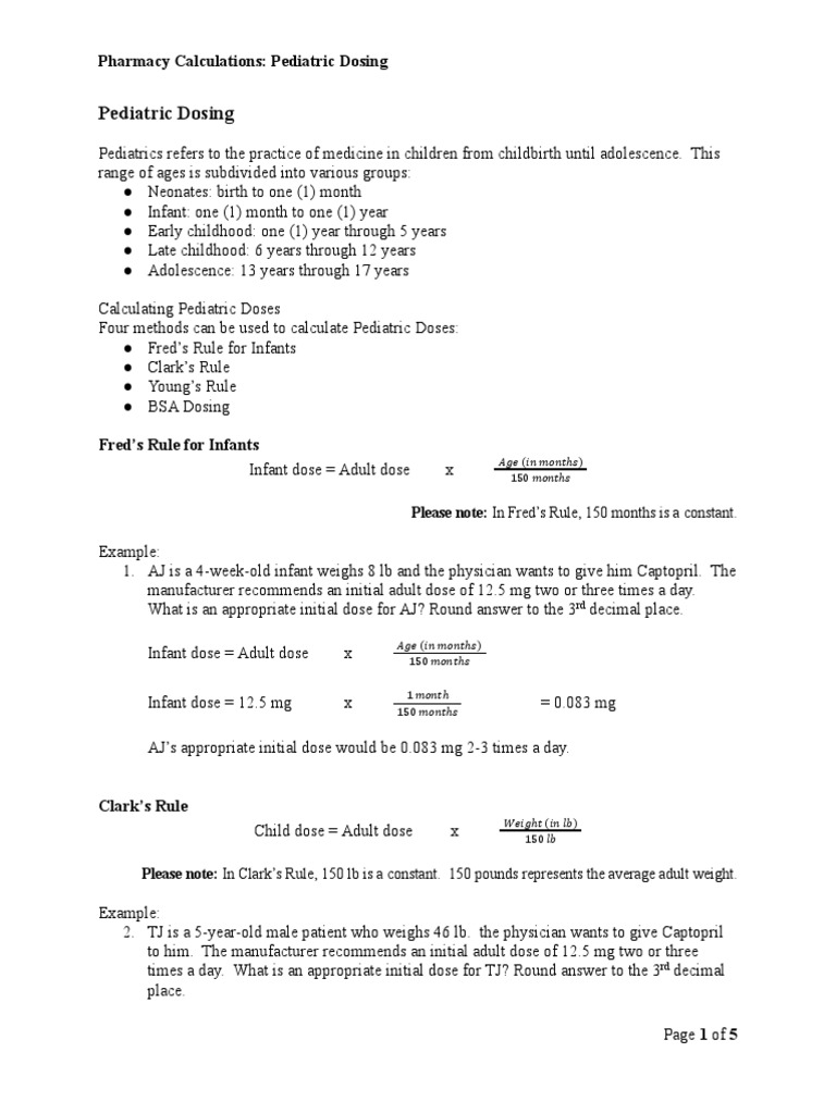 Pediatric Dosing | PDF | Chemistry | Dose (Biochemistry)