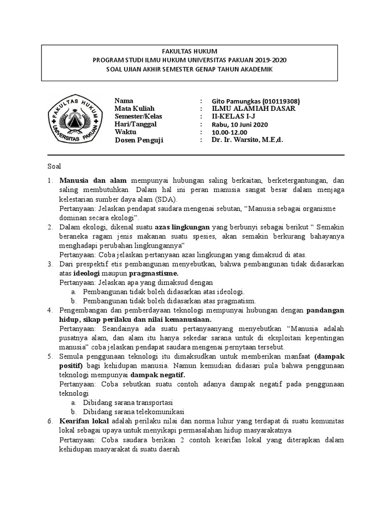 Jawaban UAS Ilmu Alamiah Dasar (Gito P, 010119308) | PDF | Sains & Matematika