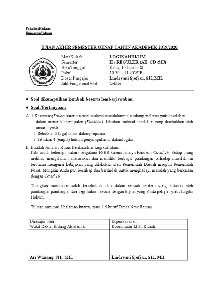 Jawaban UAS Logika Hukum (Gito Pamungkas, 010119308) | PDF | Ilmu Sosial | Sains & Matematika