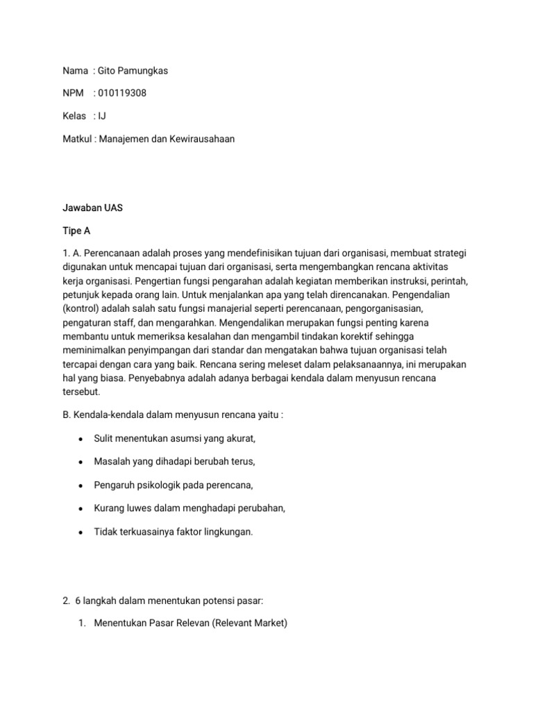 Jawaban UAS Manajemen & Kewirausahaan (Gito, 010119308) | PDF | Komputer