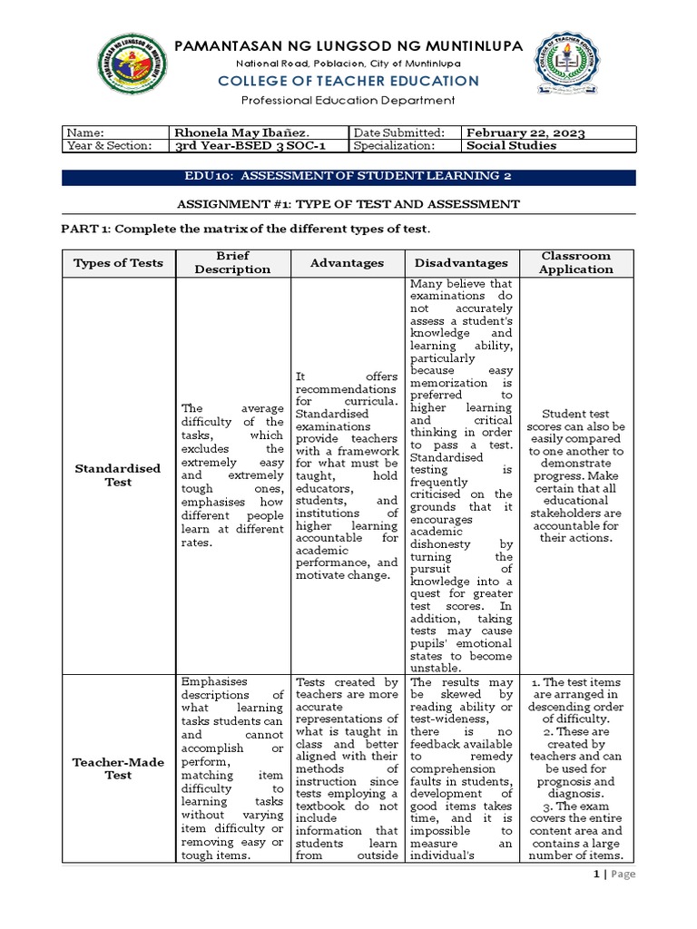 (ASSIGMENT #1) Type of Test and Assessment | PDF | Educational ... (ASSIGMENT #1) Type of Test and Assessment | PDF | Educational ...