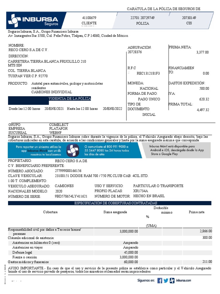 Poliza de Seguro Inbursa 2021 - 2022 | PDF | Seguro | Economias