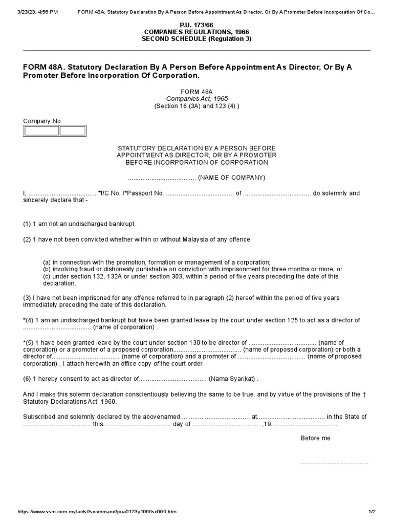 FORM 48A. Statutory Declaration by A Person Before Appointment As Director, or by A Promoter ...