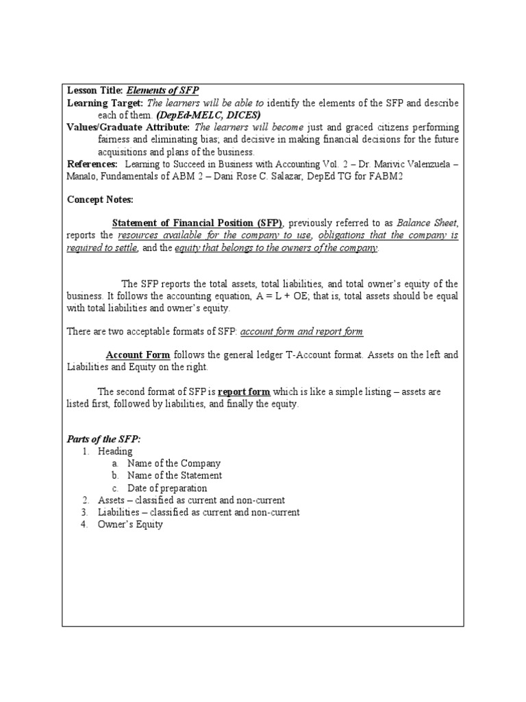 Understanding the Elements and Formats of the Statement of Financial Position Through Concept ...