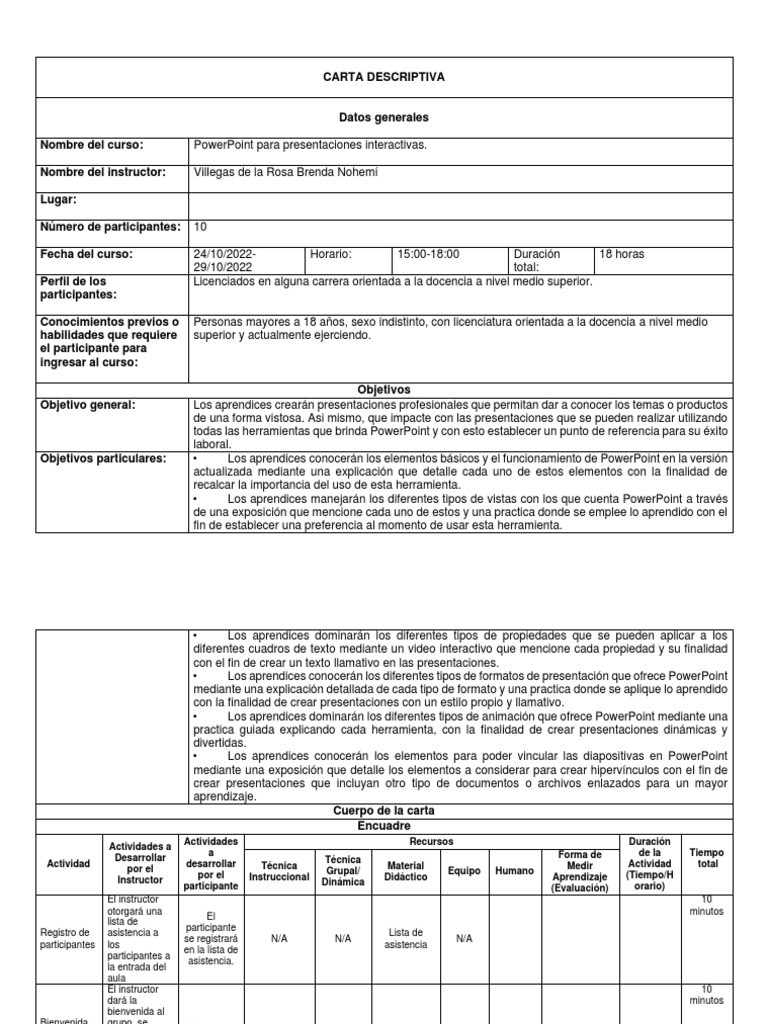 CARTA DESCRIPTIVA | PDF | Microsoft PowerPoint | Modificación de ...