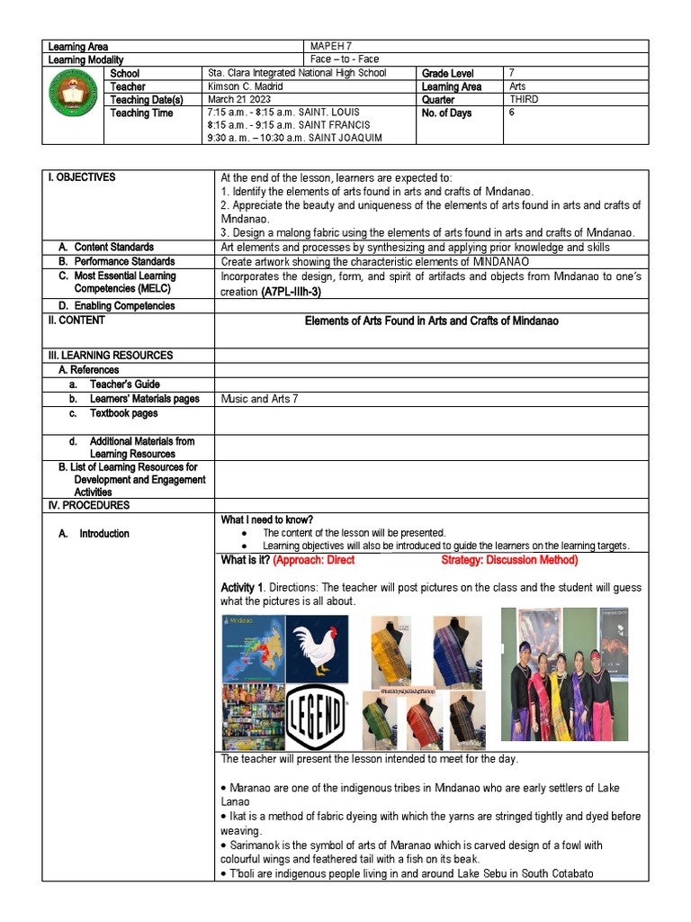 Mindanao Arts and Crafts Lesson Plan | PDF | Dyeing | Learning