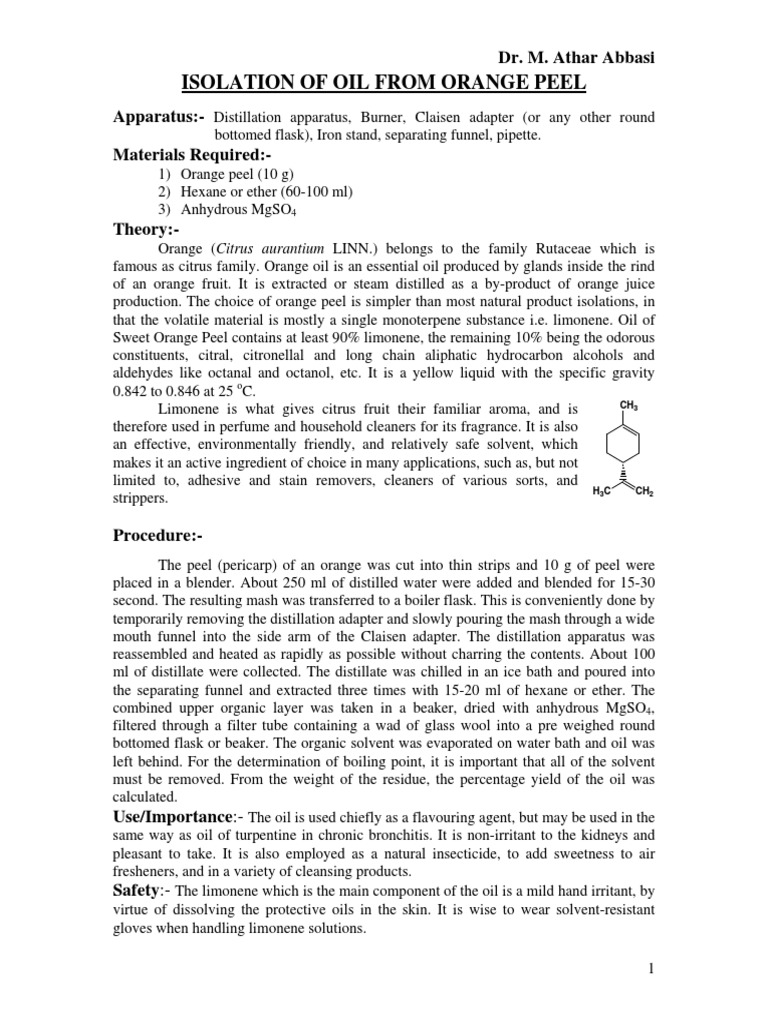 Orange Peel Oil Extraction Experiment | PDF | Orange (Fruit) | Distillation
