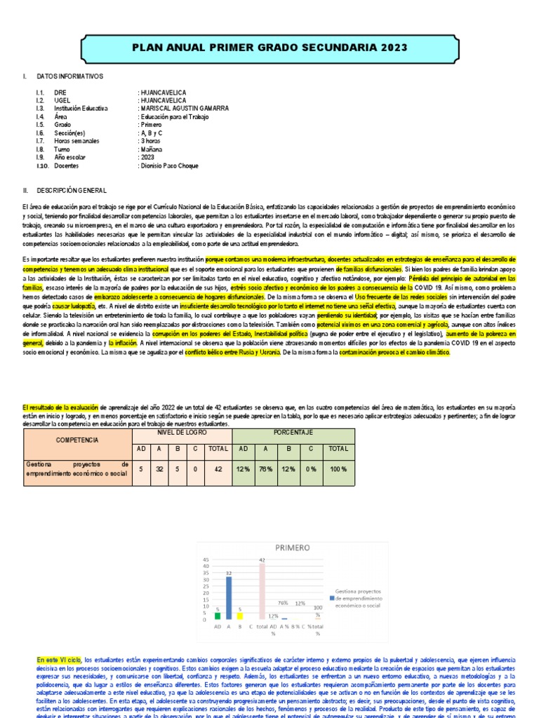 PLAN ANUAL 1° SEC Ept 2023 | Descargar gratis PDF | Evaluación | Aprendizaje