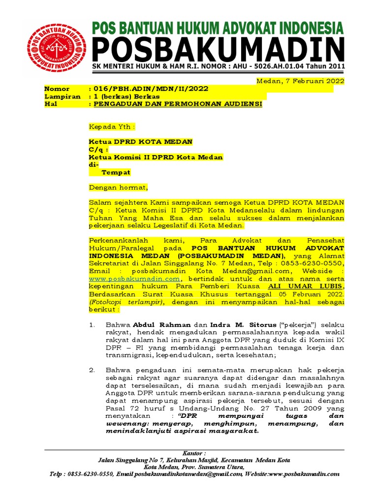 Surat Pengaduan Dan Permohonan Audiensi Ke DPR | PDF