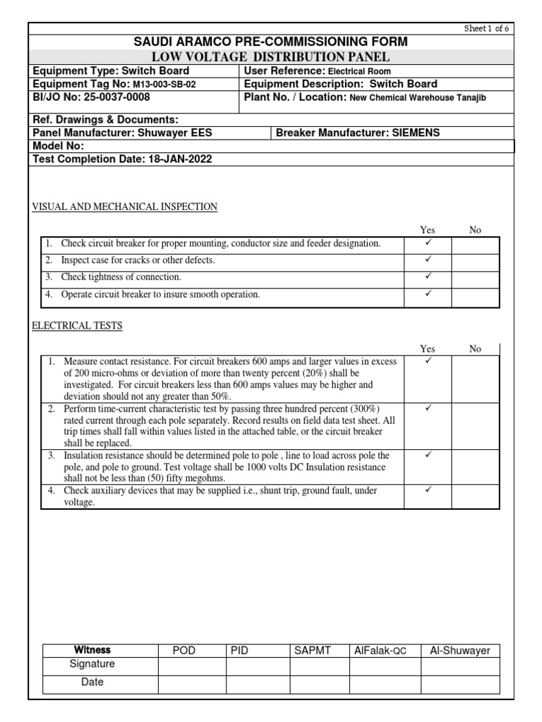 Saudi Aramco Pre-Commissioning Form Low Voltage Distribution Panel ...