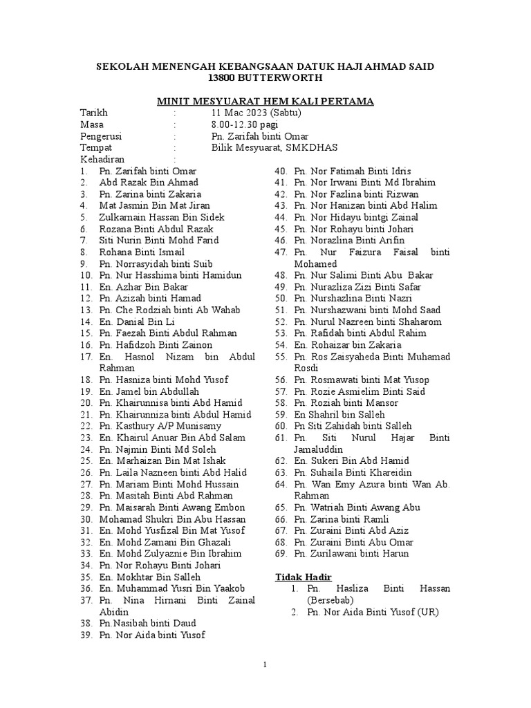 Minit Mesyuarat Hem 1 | PDF