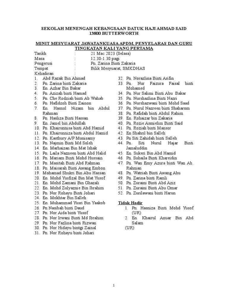 Minit Mesyuarat Apdm, Penyelaras Dan Guru Tingkatan 1 | PDF