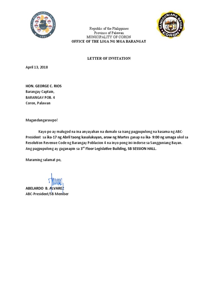 Invitation Letter For Kapt George Rios Regarding Revenue Code | PDF
