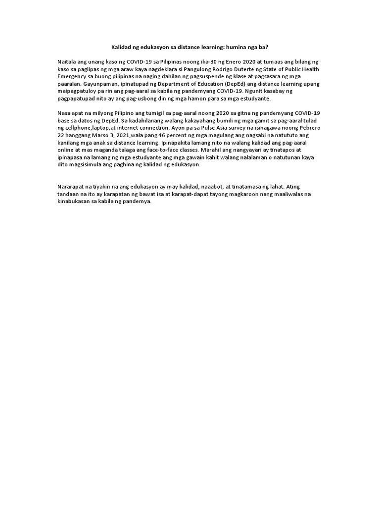 Kalidad NG Edukasyon Sa Distance Learning | PDF