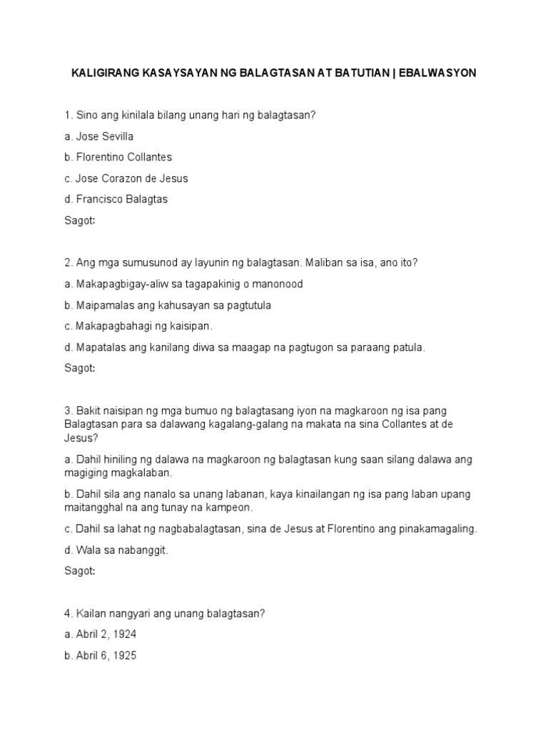 Kasaysayan NG Balagtasan - Ebalwasyon | PDF