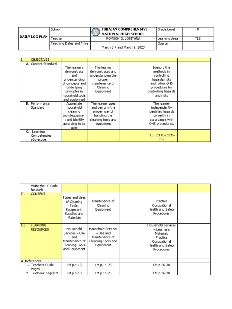 DLL in Tle Grade 8 | PDF | Occupational Safety And Health | Learning