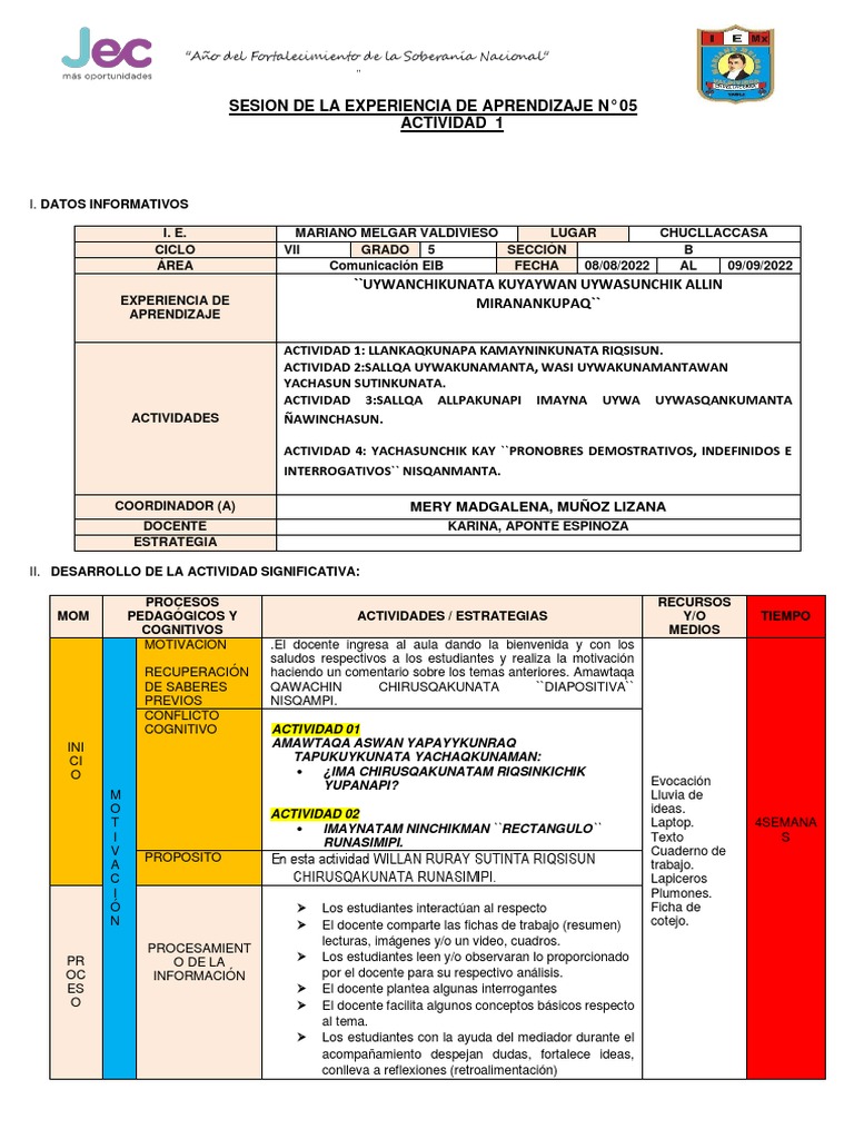 FORMATO DE SESIÓN DE APRENDIZAJE 2 Karina Actividad 1 Comunicacion EIB EXP 5 | PDF | Aprendizaje ...