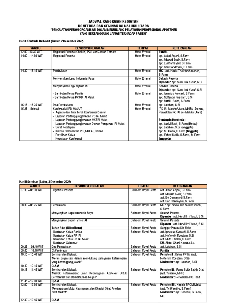 Jadwal Rangkaian Kegiatan Konferda & Seminar Iai Malut 2-3 Des 22 | PDF