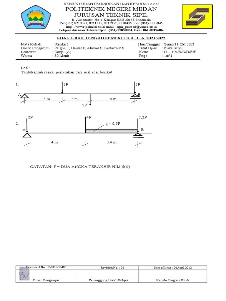 Form Ujian UAS SEM A 2122 D3 STATIKA1 | PDF