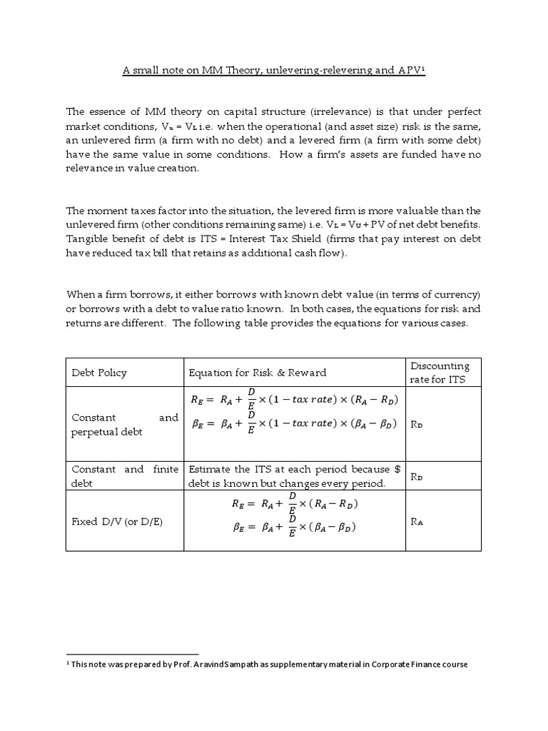 A Small Note On MM Theory and APV | PDF | Valuation (Finance) | Debt
