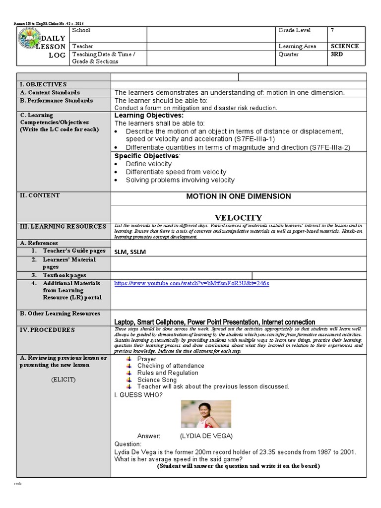 3rd Quarter Science 7 - DLP VELOCITY | PDF | Learning | Speed