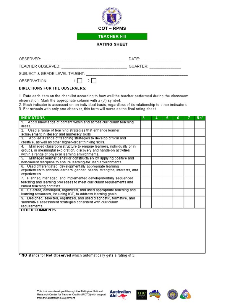 COT – RPMS Teacher Evaluation Form | PDF | Learning | Teachers