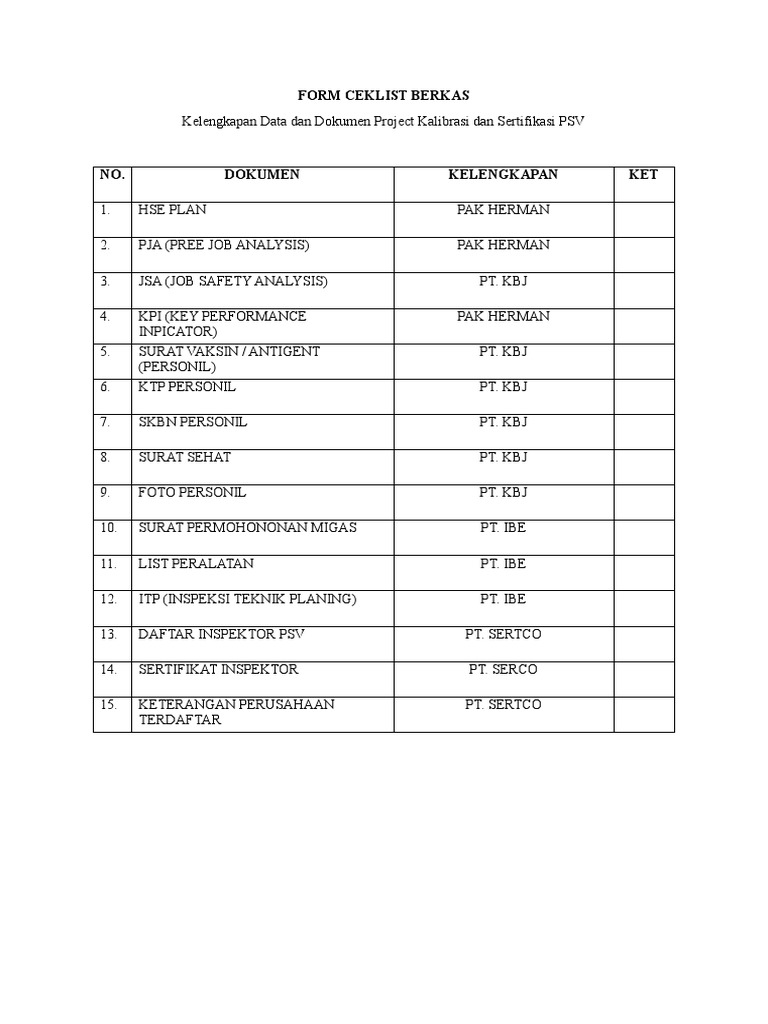 Form Ceklist Kelengkapan Dokumen | PDF