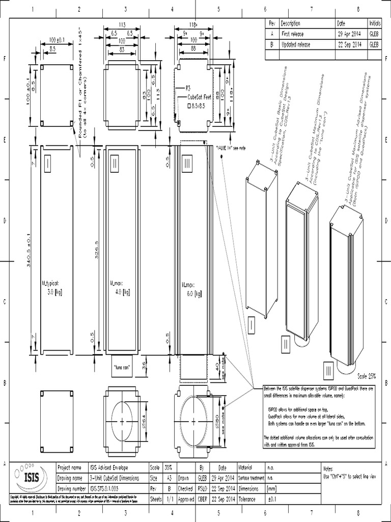 ISIS - STS - .0.1.003 RevB Sheet1 1 3U CubeSat Dimensions A0 PDF | PDF