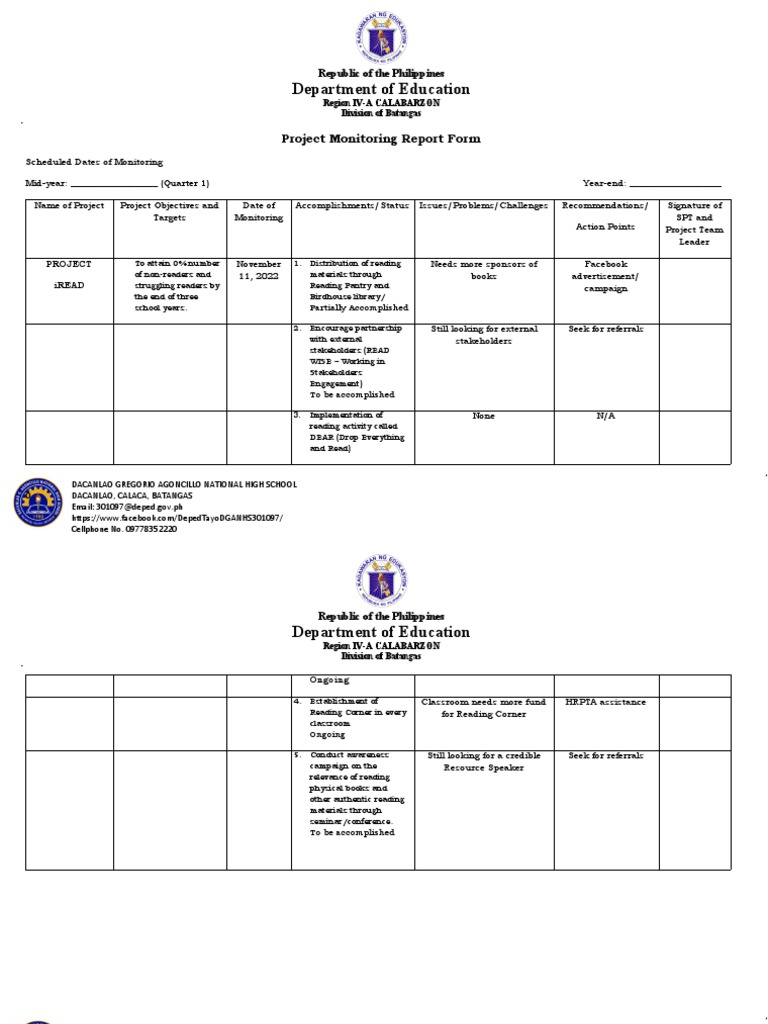 Reading Project Monitoring Report Form Read Pdf Communication